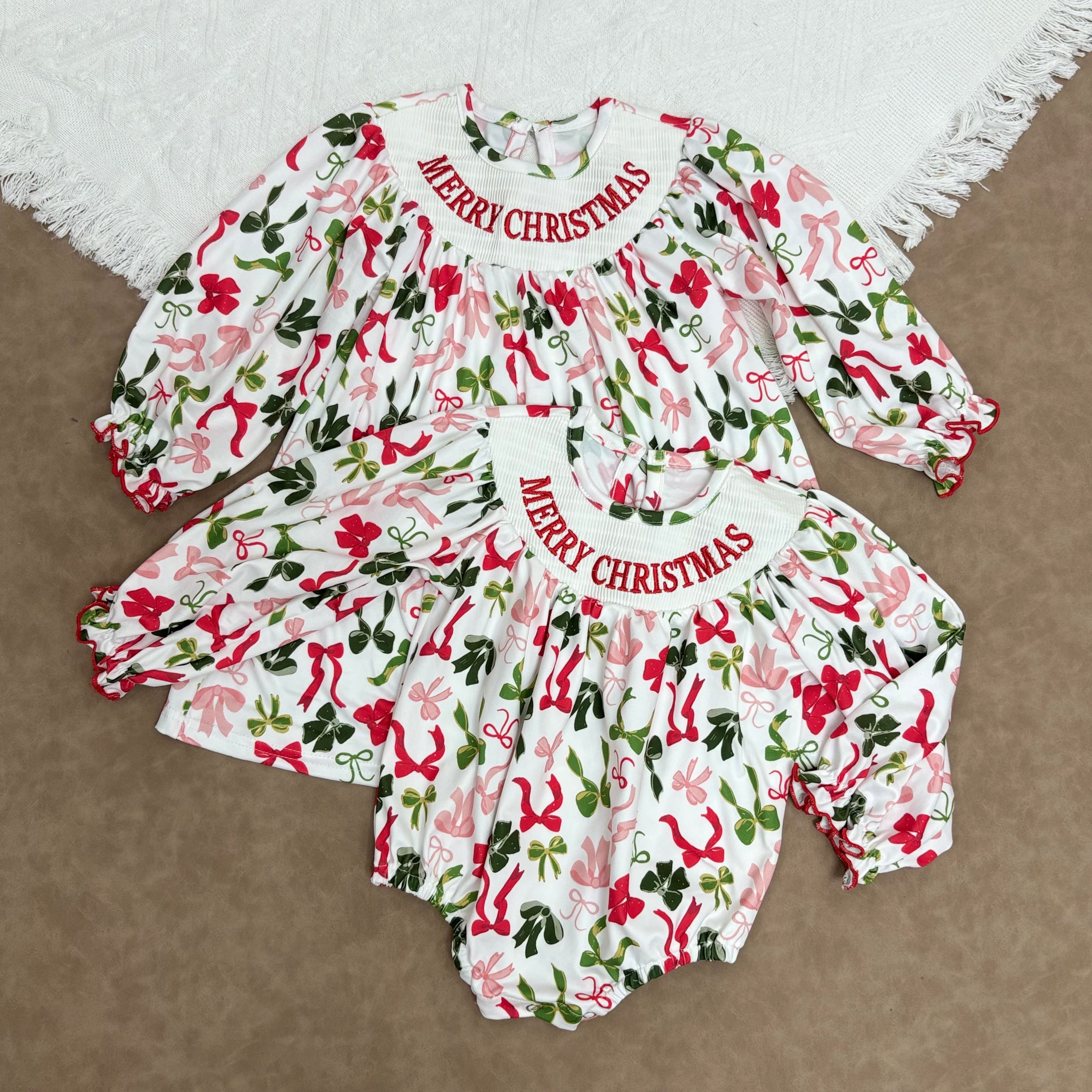 Sibling Kids Girls Merry Christmas Bow Smocked Dressd and Romper – Yiwu Yifan Apparel Co Ltd