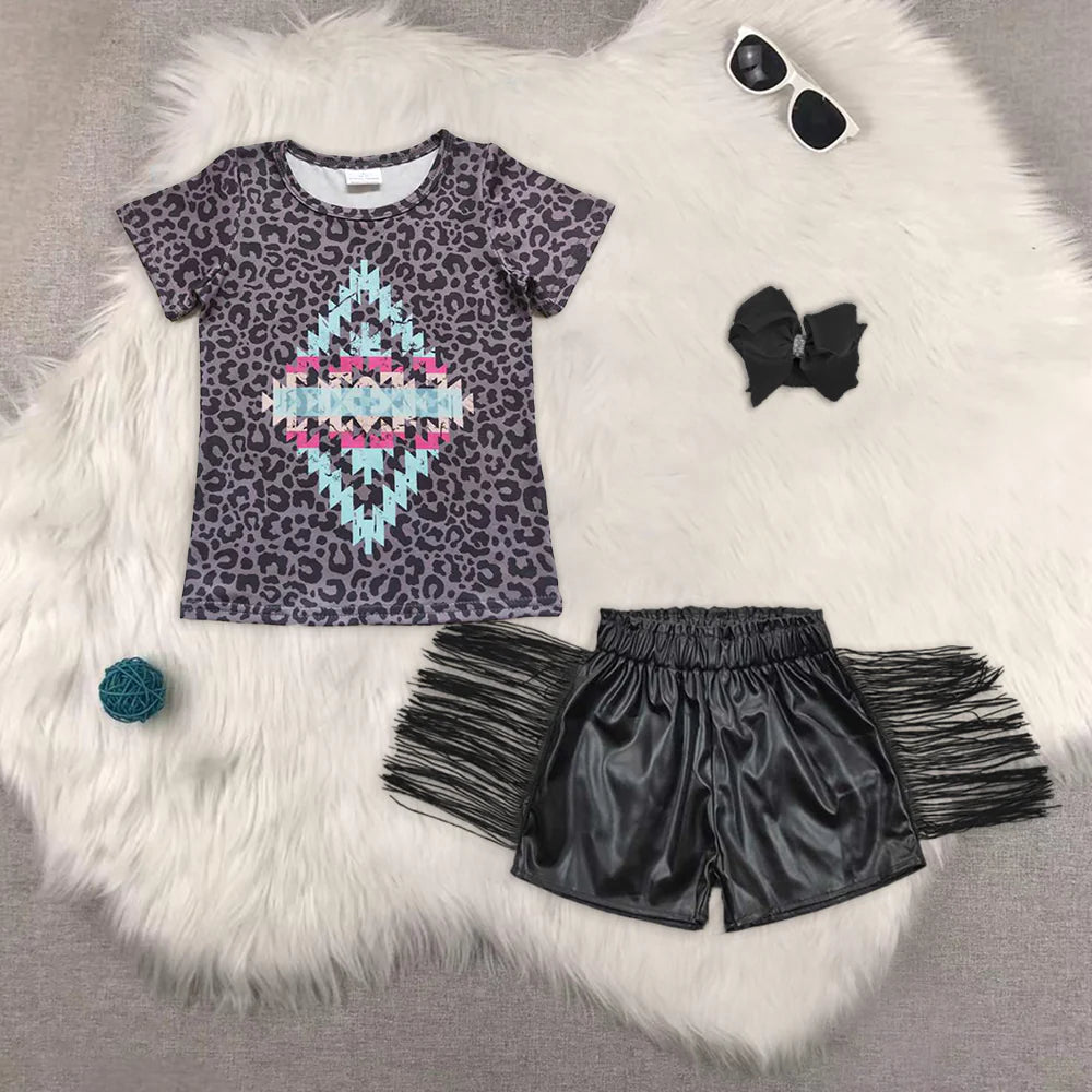 Baby Girls Aztec Leopard Short Sleeve Top Shiny Leather Fringed Shorts ...