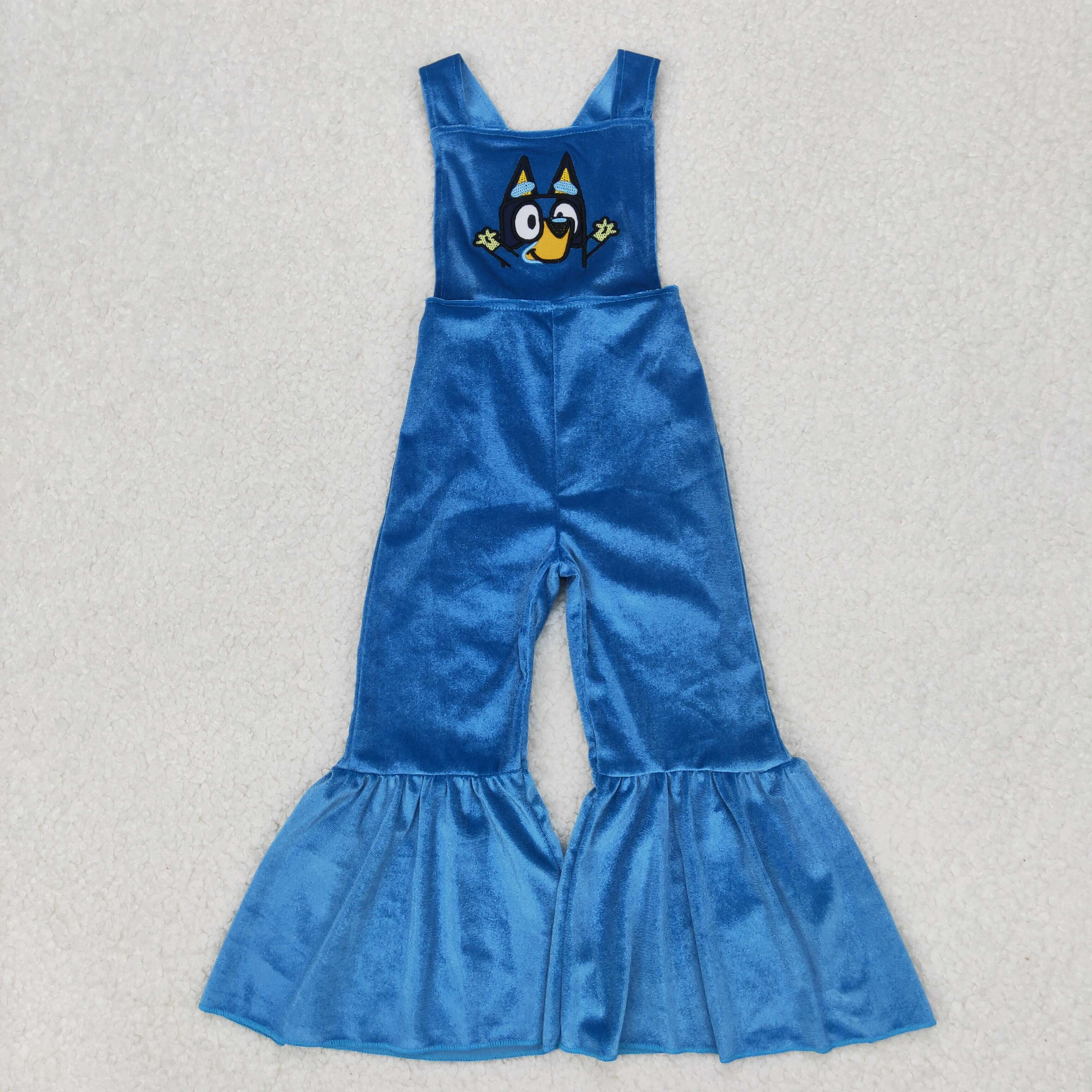 Baby Girls Blue Strap Embroidery Cartoon Blue Gogs Print Velvet Jumpsu ...
